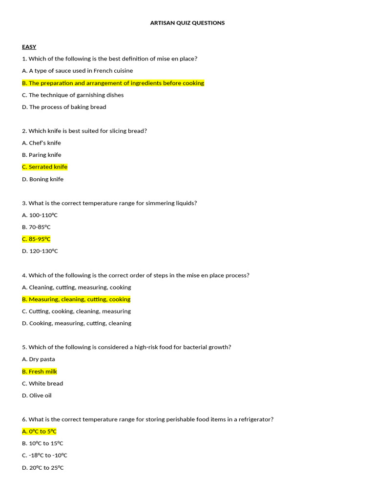 ARTISAN QUIZ QUESTIONS | PDF | Cooking | Knife