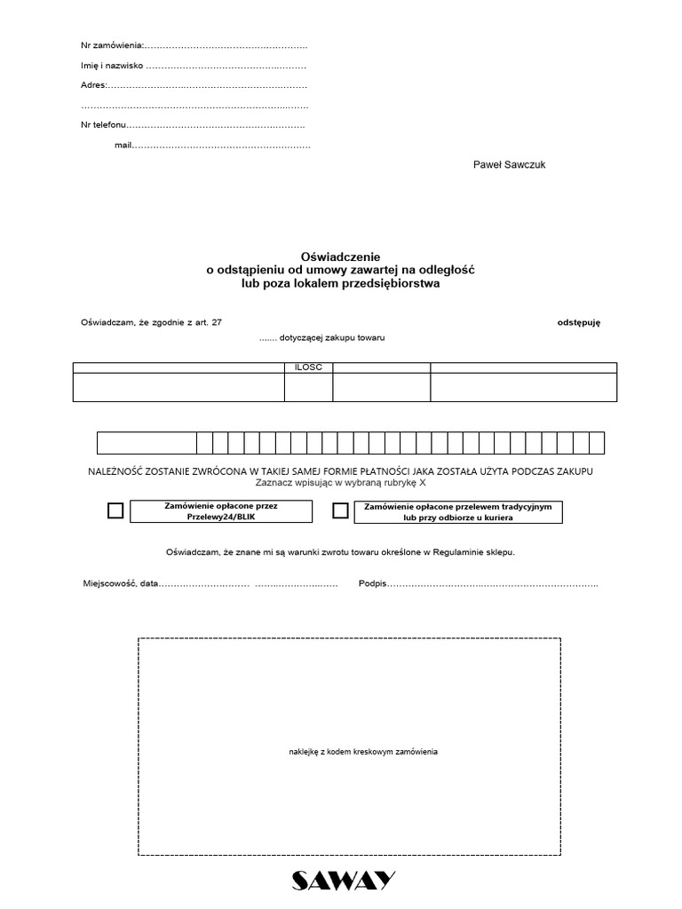 Formularz Zwrotu SAWAY | PDF
