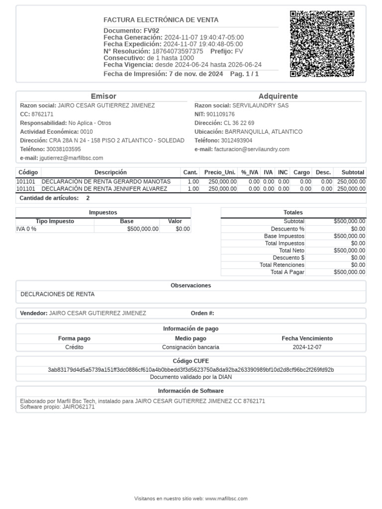 Factura Electrónica FV92 - Jairo G. Jiménez | PDF | Pagos | Servicios ...