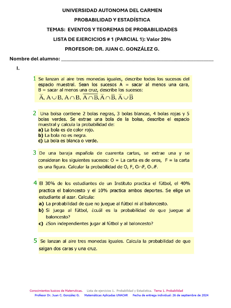 Lista 1 - Probabilidad y Estadística - Sin Respuesta | PDF | Ciencia y matemática