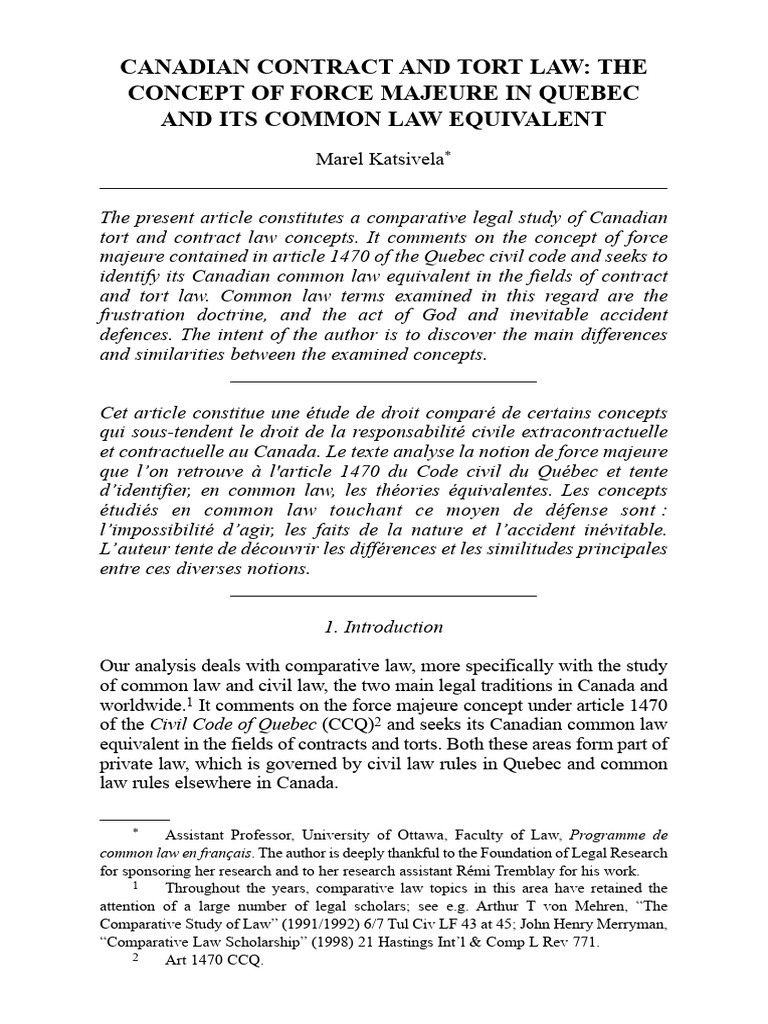 Canadian ContraCt and Tort Law The Concept of Force Majeure in Quebec ...