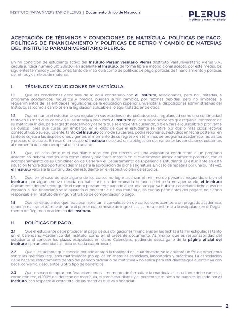 Términos y Políticas de Matrícula Plerus | PDF | Crédito | Finanzas y ...