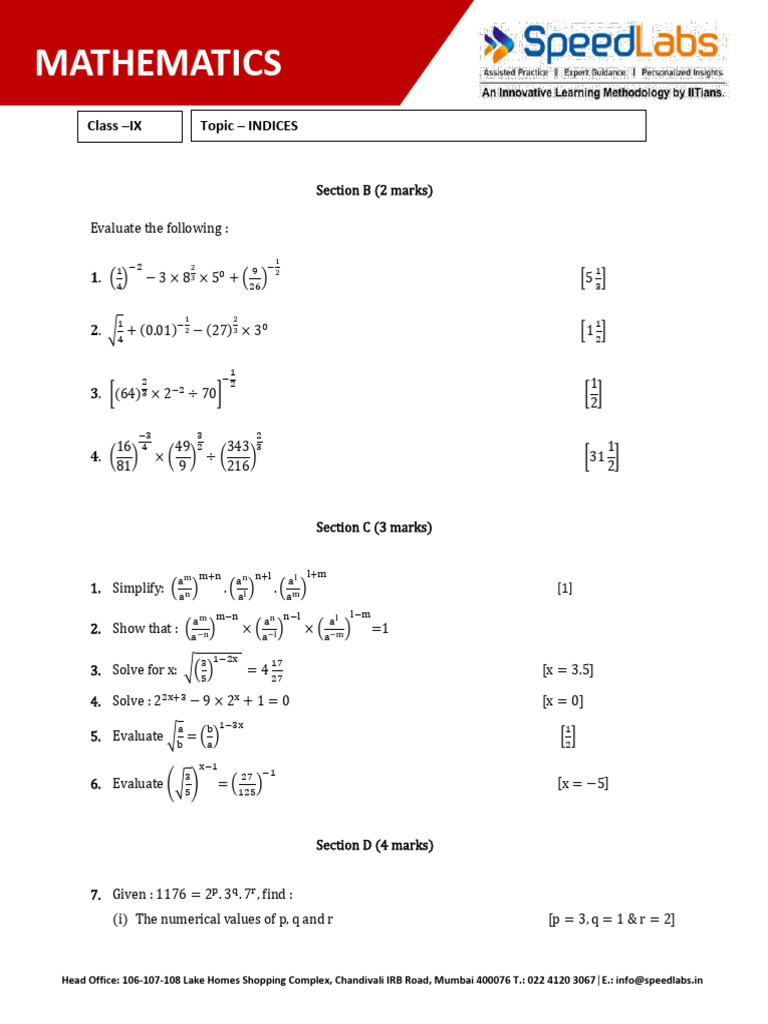ICSE Class 9 Math Indices | PDF | Mathematics