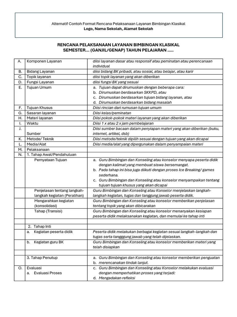 Alternatif Contoh Format Rencana Pelaksanaan Layanan Bimbingan Klasikal ...