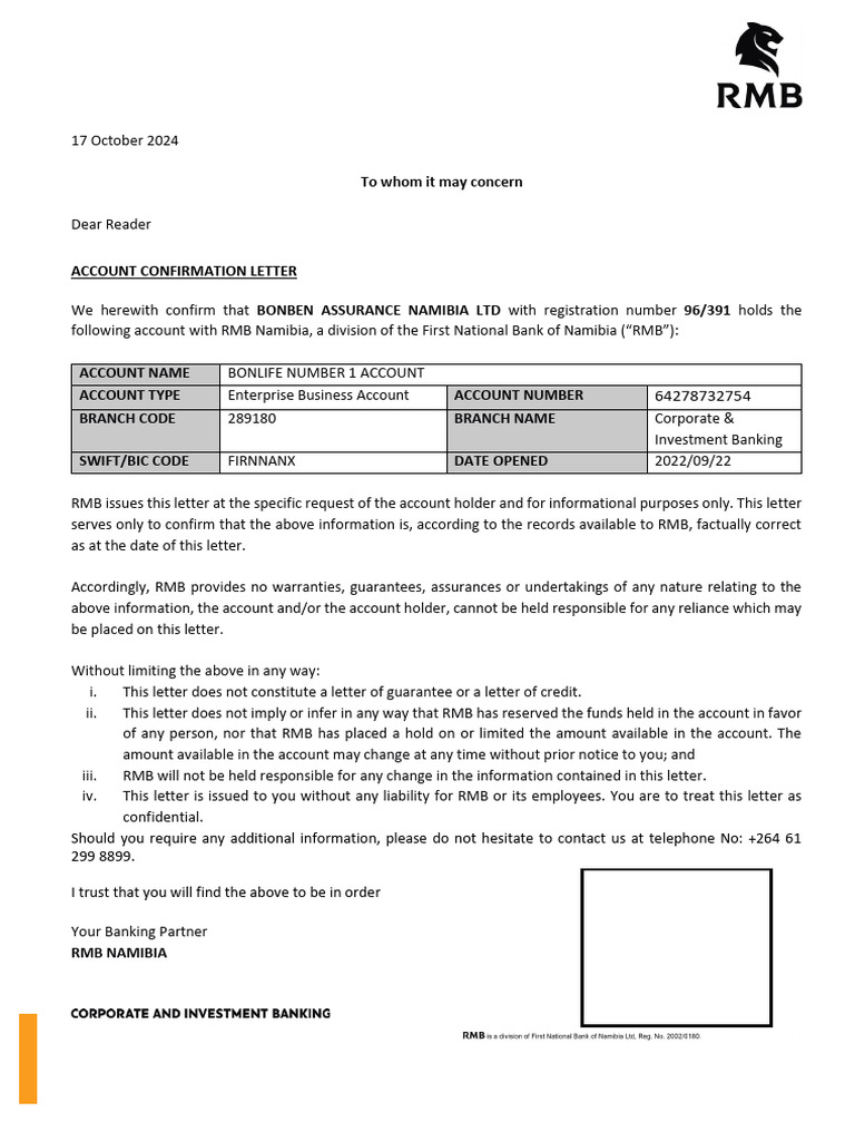 Bank Confirmation for Bonben Assurance | PDF | Namibia | Banking