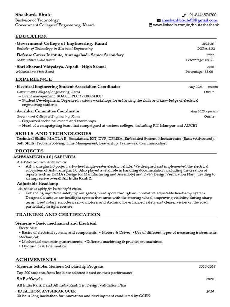Shashank Resume SIEMENS | PDF | Headlamp | Engineering