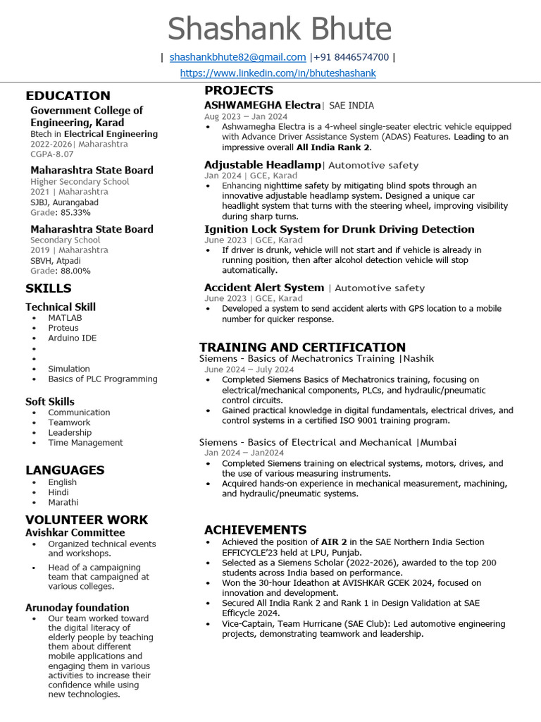 Shashank Bhute Intern Resume | PDF | Headlamp | Programmable Logic Controller