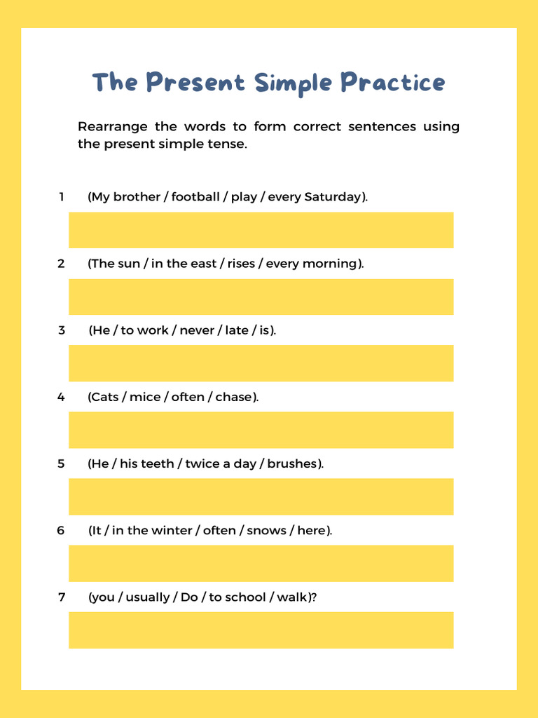 Present Simple Grammar Practice Worksheet in Yellow and Grey Simple ...