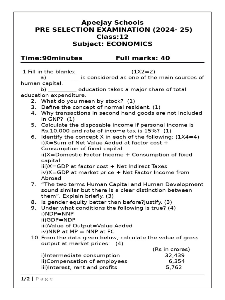 Economics Pre Sel 2024 Class Xii | PDF | Income | Consumption Of Fixed ...