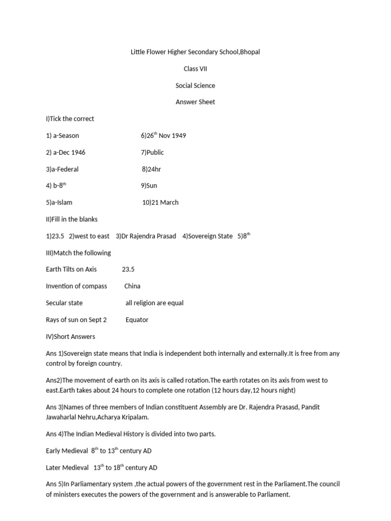 Class 7, SST, Answersheet | PDF