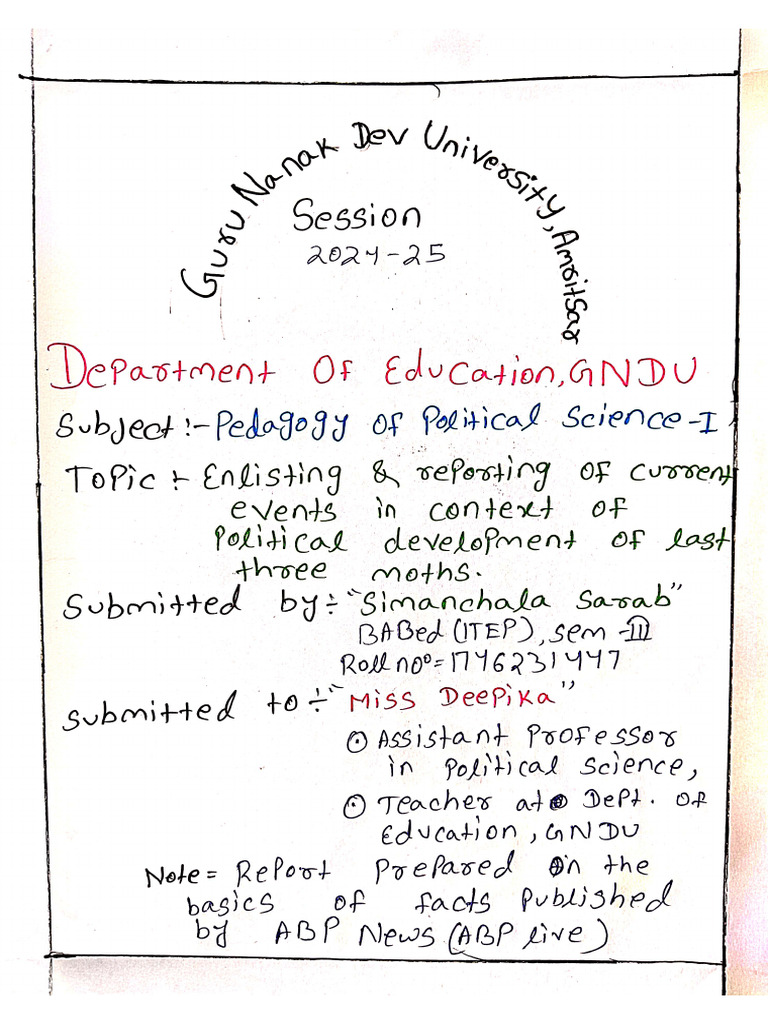 Sessional Work of Pedagogy of Political Science-1, Semister-3, GNDU ...