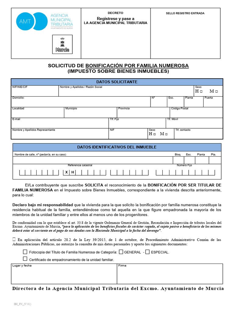 ANEXO I - Solicitud Bonificación IBI Por Familia Numerosa - IBI - FN - V.01 | PDF | Impuestos