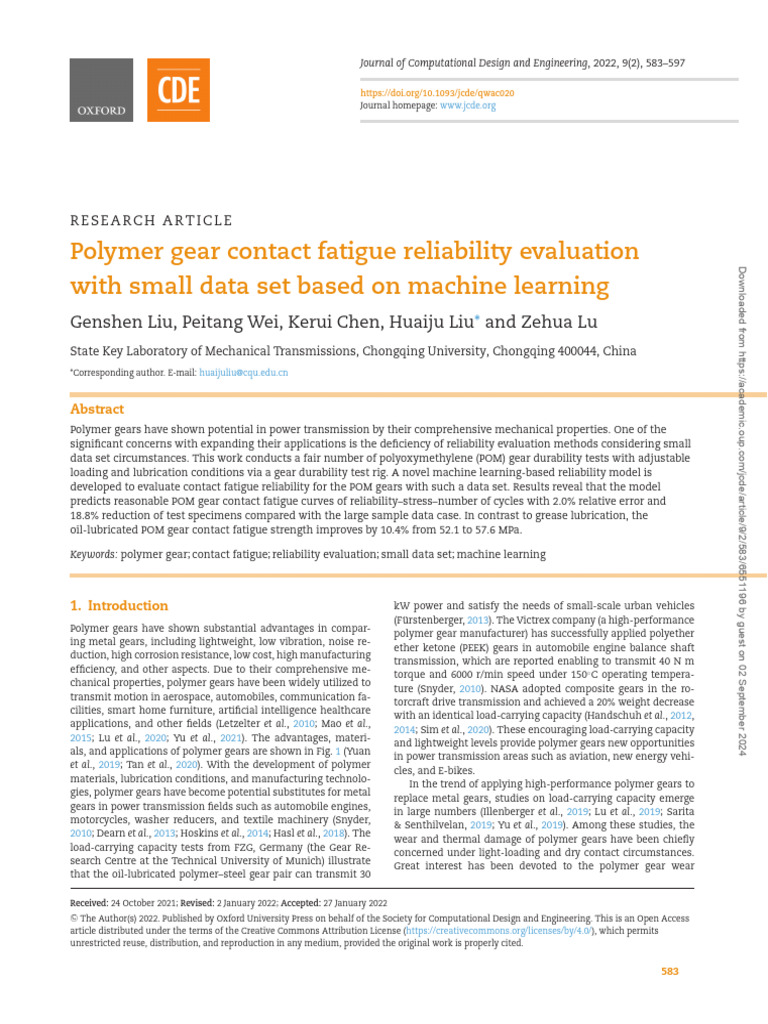 Polymer Gear Contact Fatigue Reliability Evaluation | PDF | Fatigue (Material) | Reliability ...