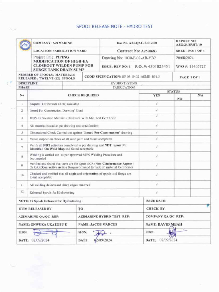 Spool Release Checklists | PDF