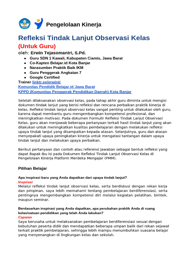 Refleksi Tindak Lanjut Observasi Kelas | PDF