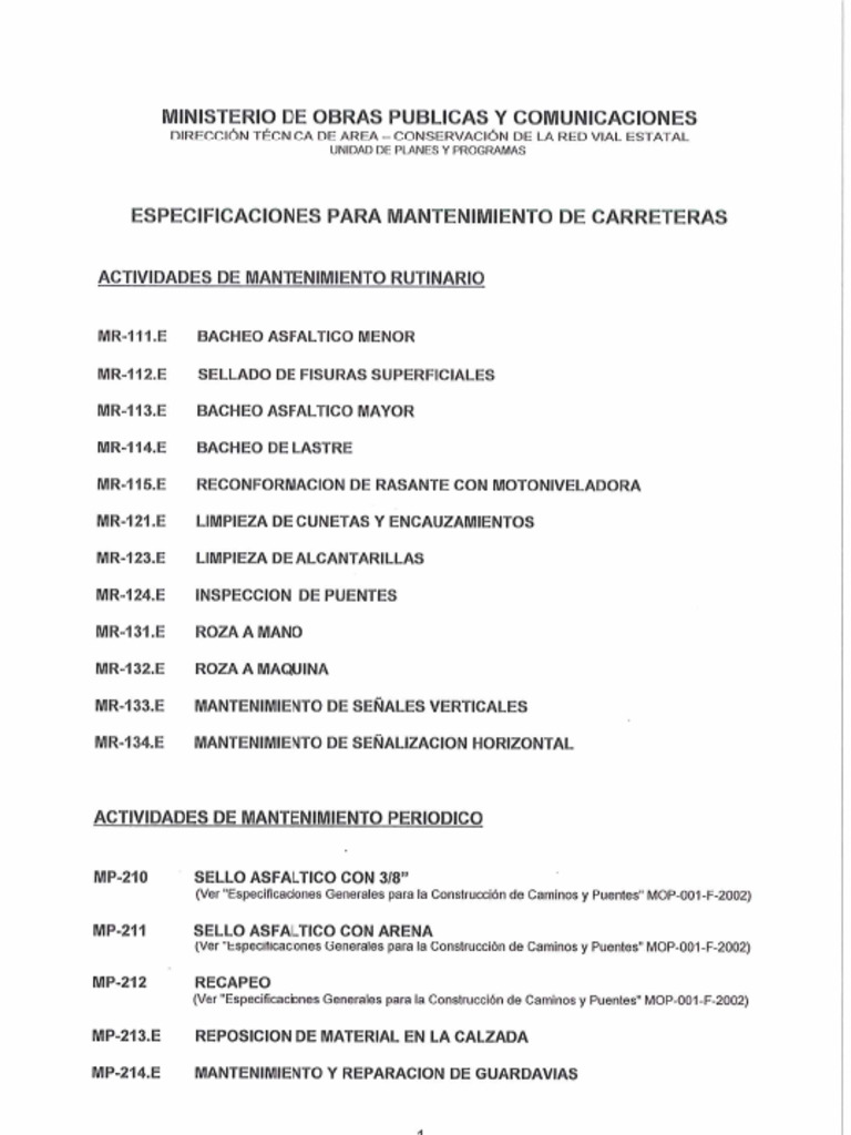 Especicificaciones para Mantenimiento de Carreteras - Mtop | PDF