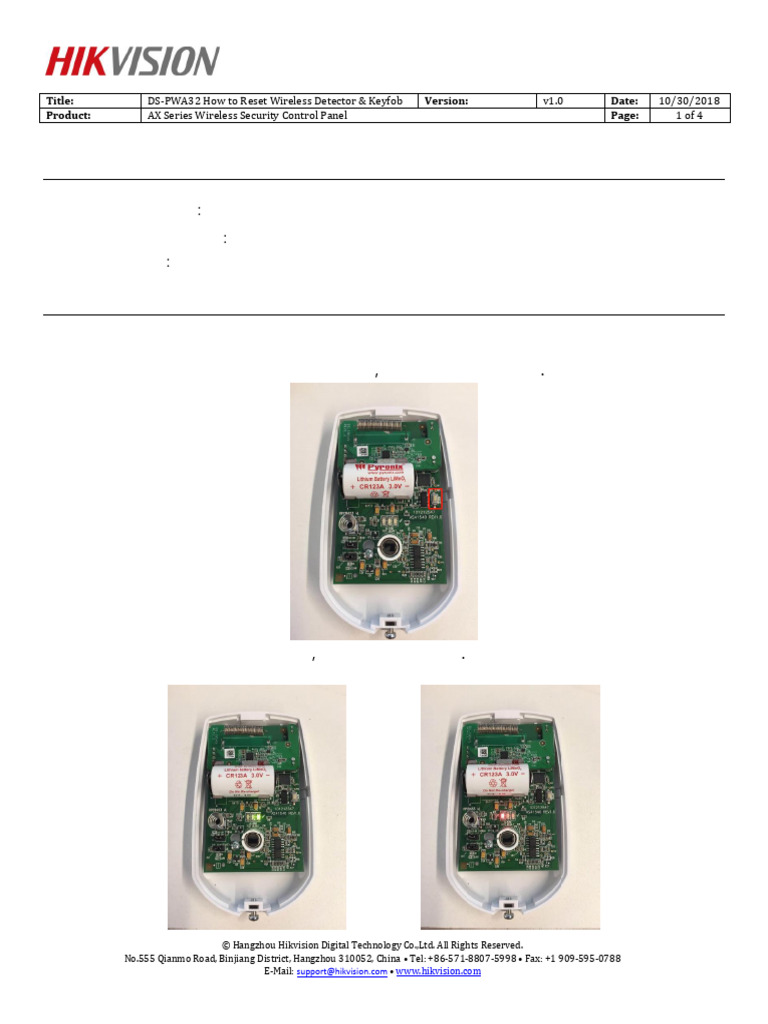 【2103】DS-PWA32 How to Reset Wireless Detector&Keyfob | PDF | Equipment