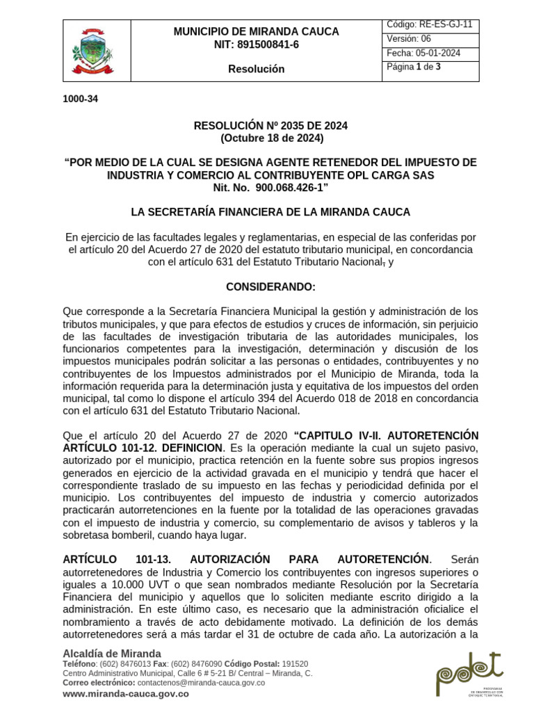 RES. 2035 POR MEDIO DE LA CUAL SE DESIGNA AGENTE RETENEDOR DEL IMPUESTO ...