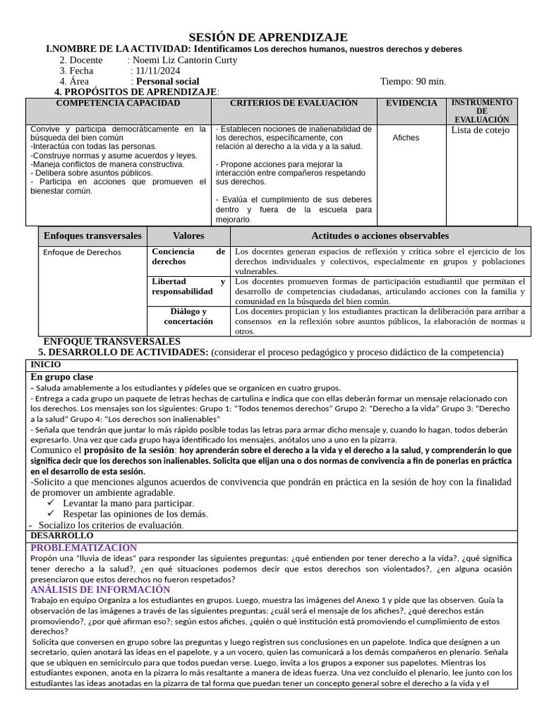 SESIÓN DE APRENDIZAJE Los Derechos Humanos | PDF | Evaluación | Enseñando