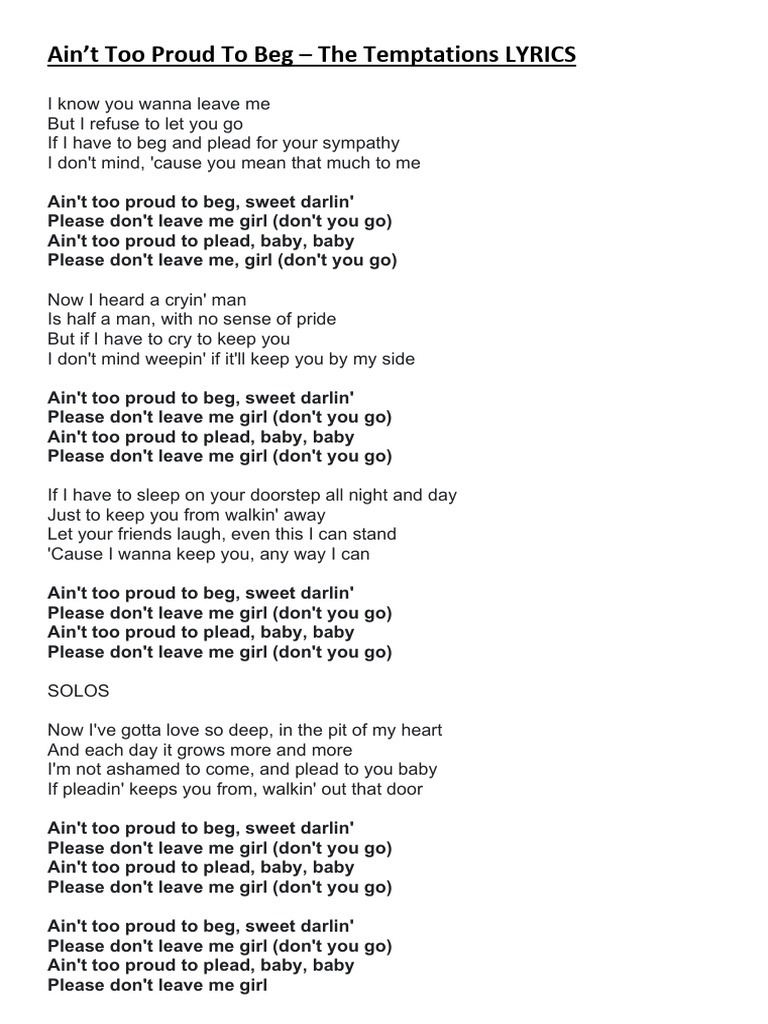 Ain't Too Proud to Beg Lyrics | PDF