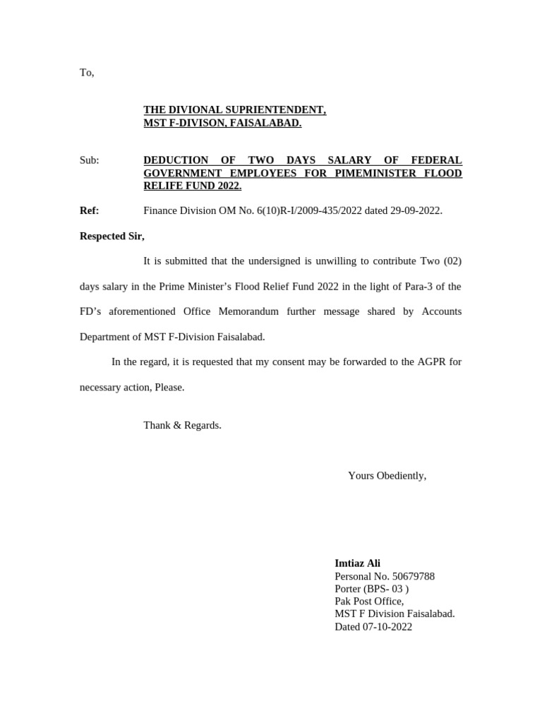 Salary Deduction Request for Flood Relief | PDF
