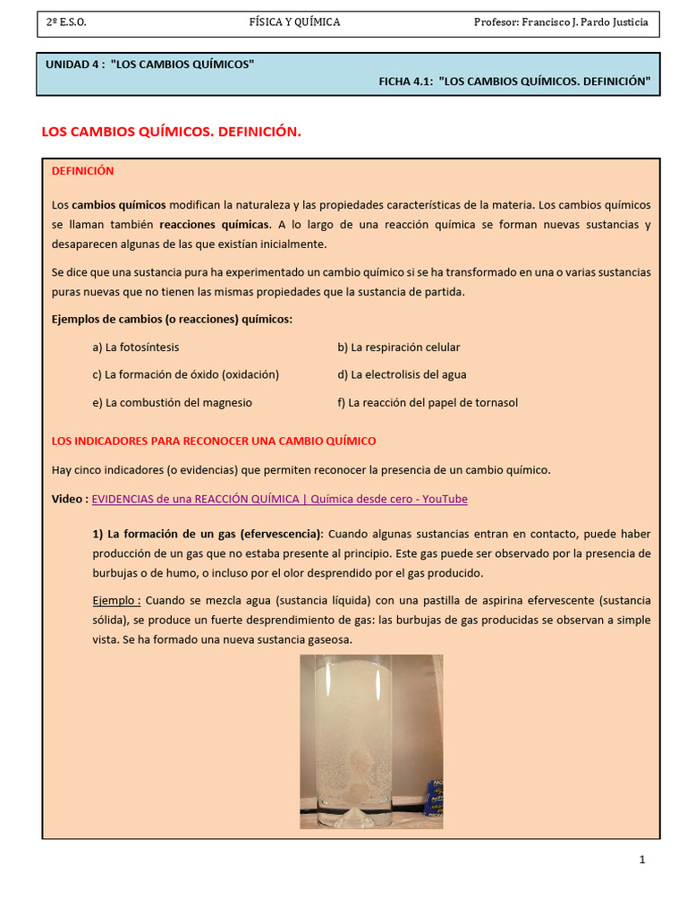 Ficha 4-1-Los Cambios Químicos-Definición | PDF | Química | Reacciones ...