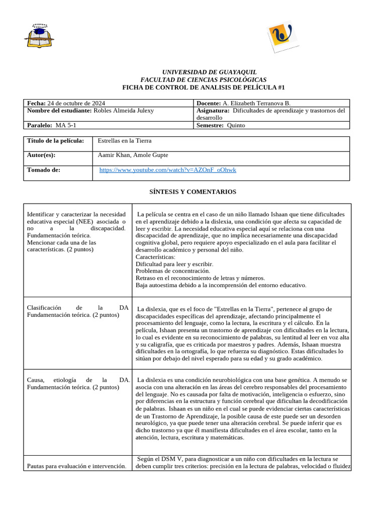 Análisis de "Estrellas en la Tierra" | PDF | Dislexia | Aprendizaje