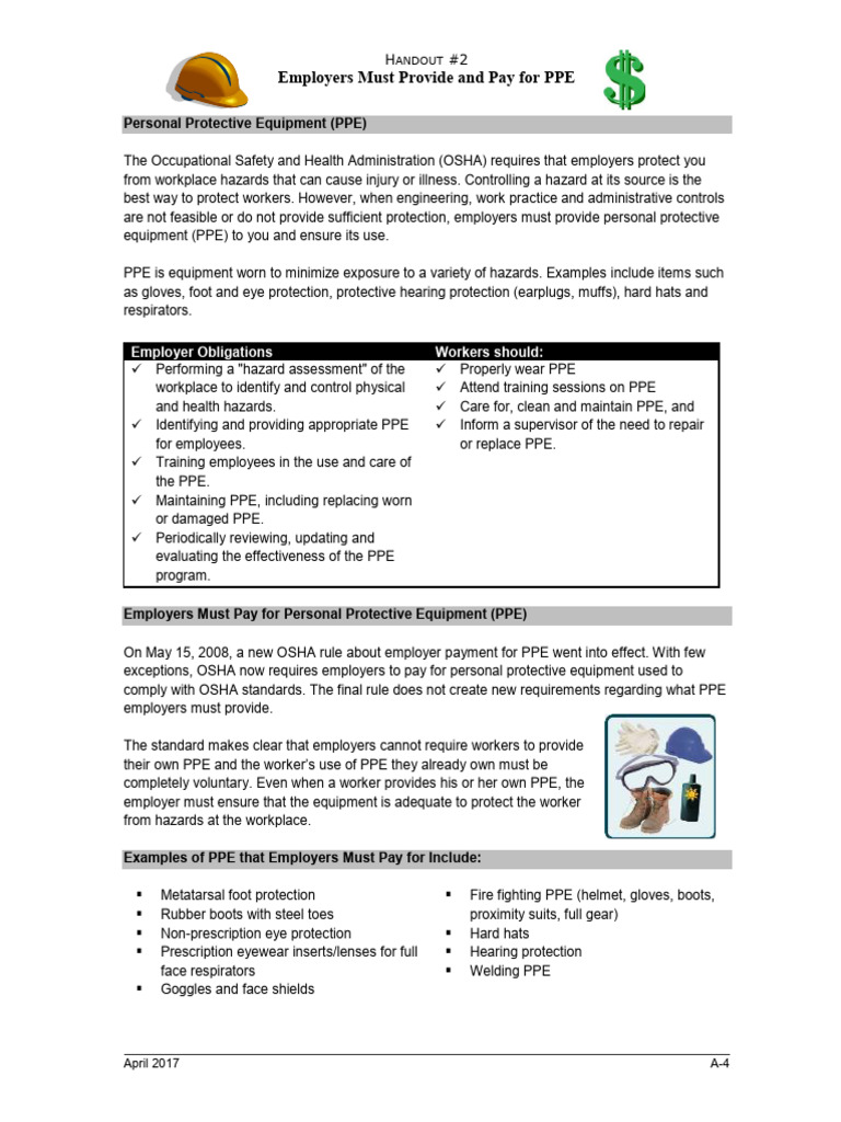 Handout 2 Employers Must Provide and Pay For PPE | PDF | Personal ...