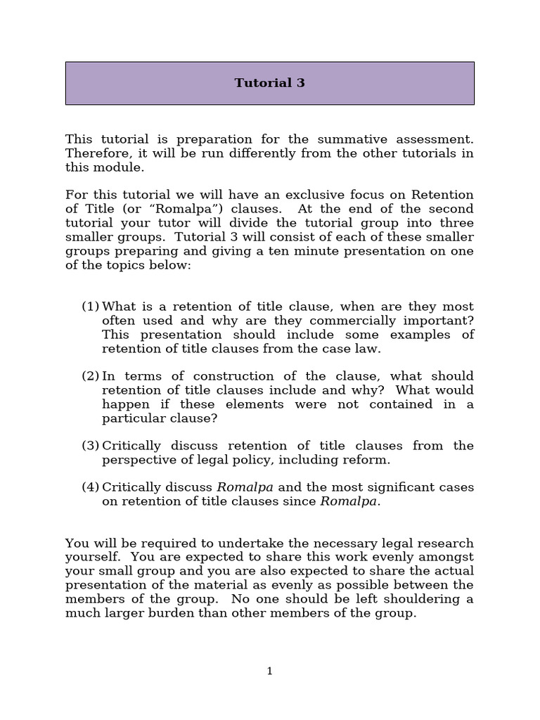 Commercial Tutorial 3 Handout 2023-2024 | PDF