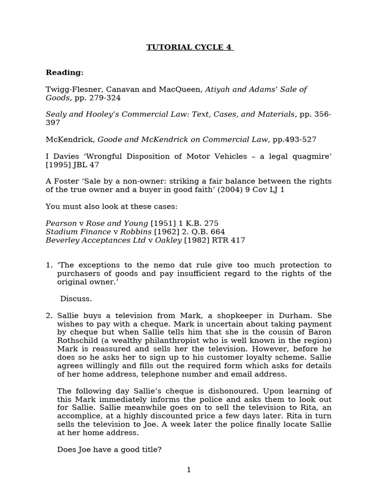 Commercial Law Tutorial 4 Handout 2023-2024 | PDF