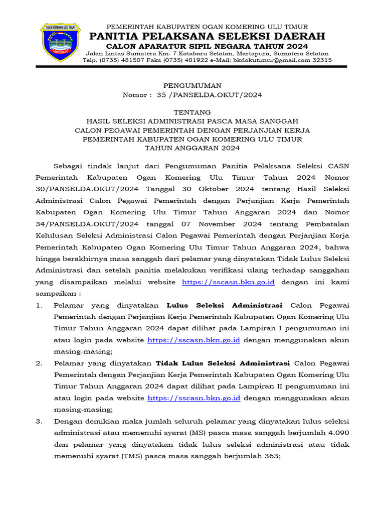 Pengumuman Hasil Seleksi Administrasi Pasca Sanggah PPPK OKUT 2024 | PDF