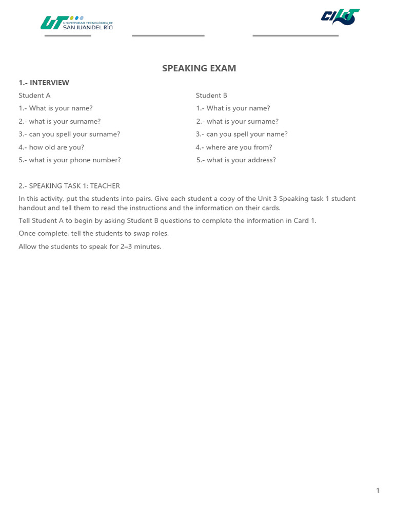 Close Up A 1 UNIT 3 SPEAKING EXAM | PDF | Art