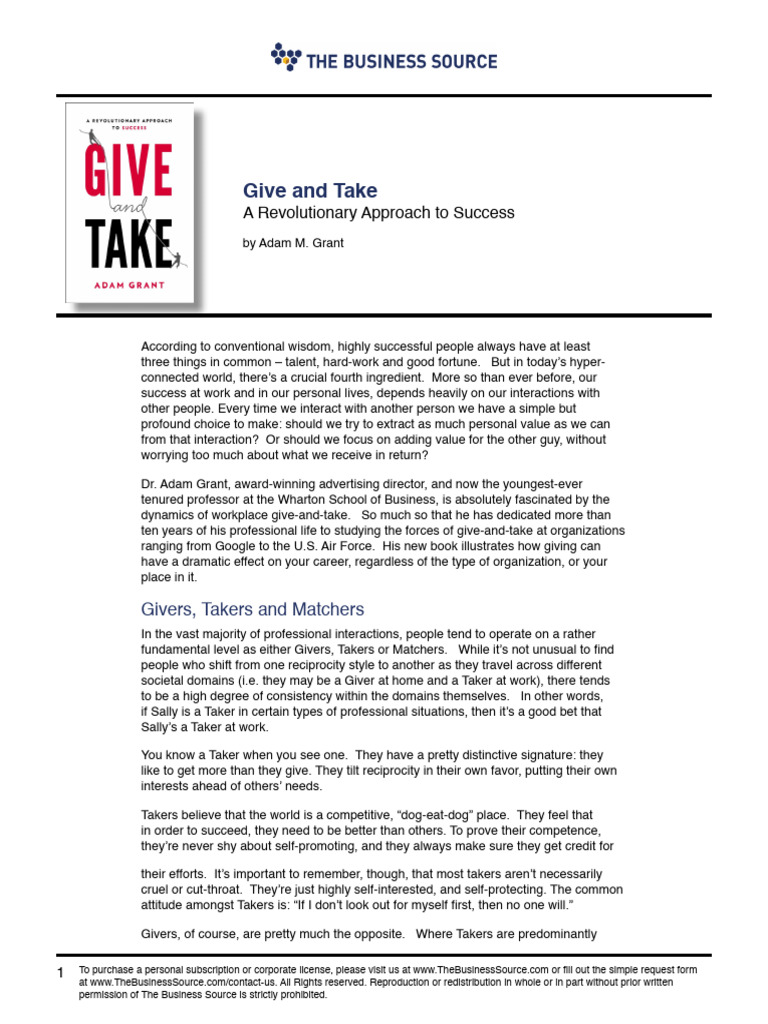 "Success Dynamics: Givers vs. Takers" | PDF | Extraversion And ...