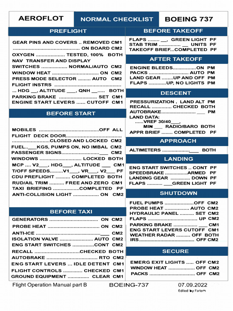 B737NG Checklist Aeroflot Rev 09.06.24 | PDF | Vehicles | Transport