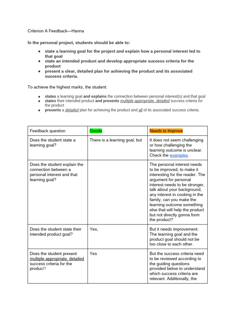 Criterion A Feedback Tanay | PDF | Goal | Cognition