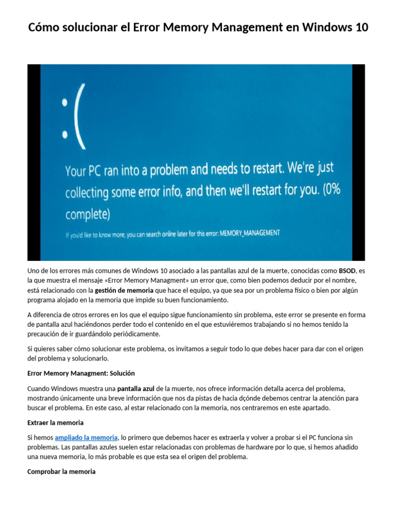 Cómo Solucionar El Error Memory Management en Windows 10 | PDF | Virus ...