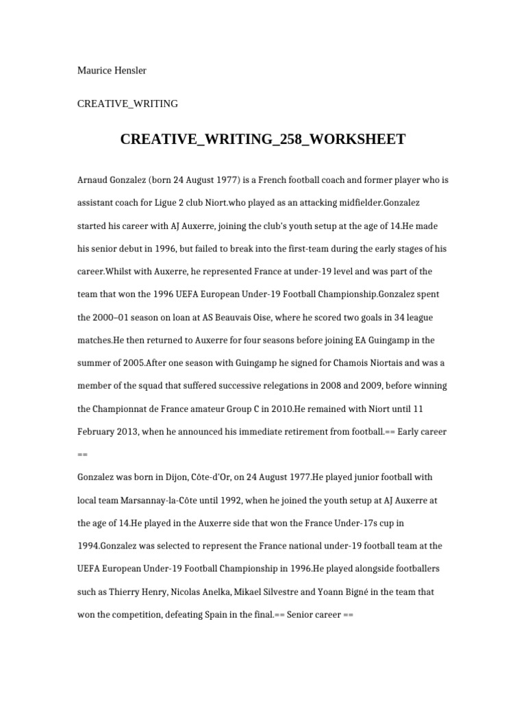 Creative Writing 258 Worksheet | PDF | Association Football Clubs ...