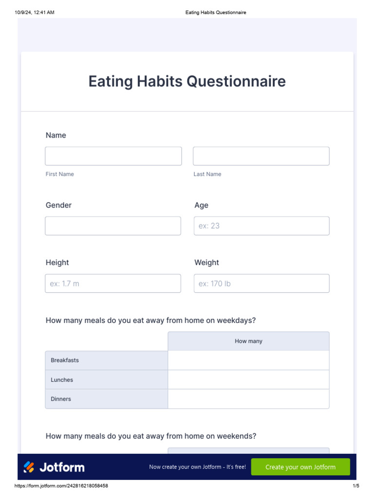 Eating Habits Questionnaire | PDF | Meal | Lunch