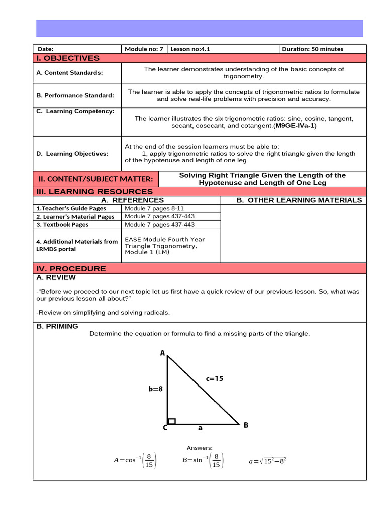 G9 LP MODULE 7 LESSON 4.1 Solving Right Triangle Given The Length of ...
