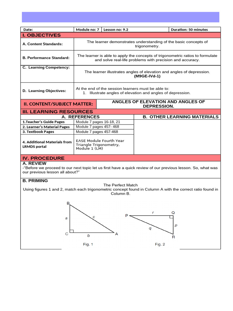 G9 LP MODULE 7 LESSON 9.2 Angles of Elevation and Angles of Depression | PDF | Trigonometry ...