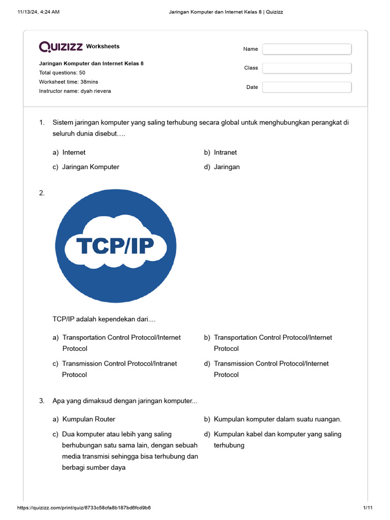 Jaringan Komputer Dan Internet Kelas 8 - Quizizz | PDF