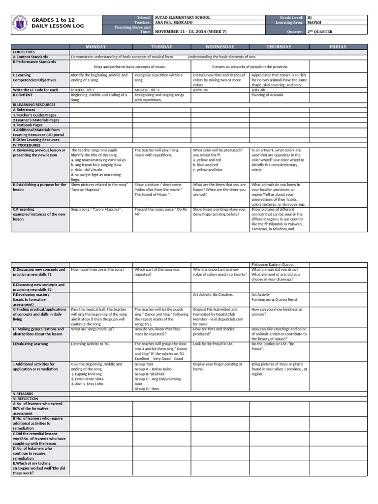 DLL_MAPEH-3_Q2_W7 | PDF | Teachers | Learning