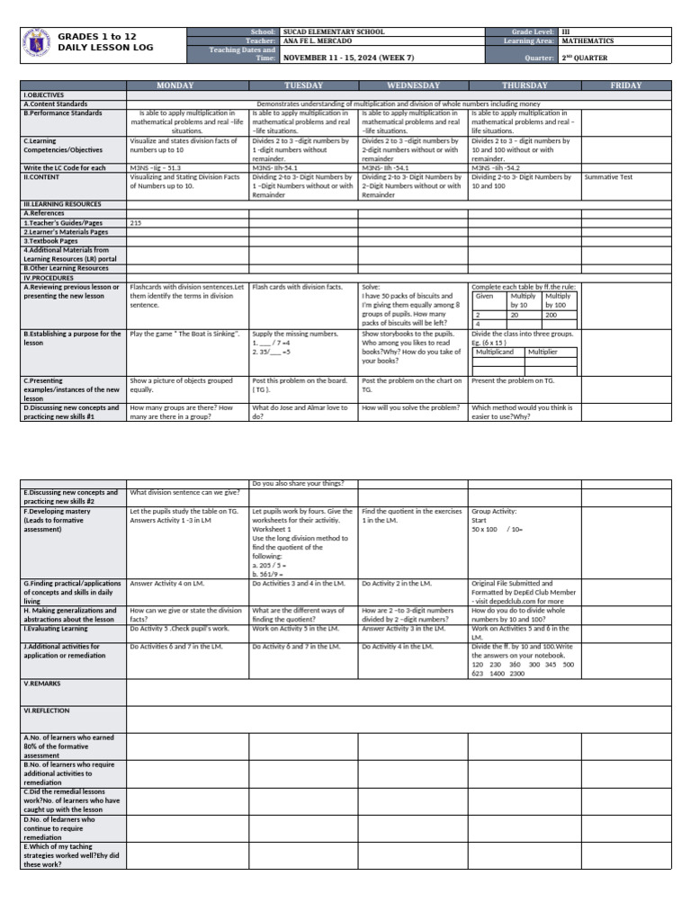 DLL Mathematics-3 Q2 W7 | PDF | Learning | Cognitive Science