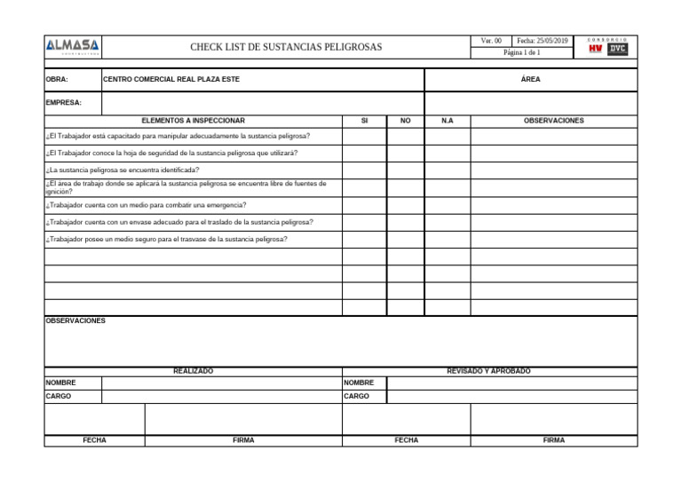 Check List Sustancias Peligrosas Ver.00 | PDF