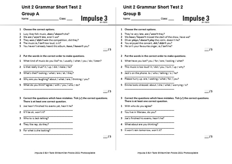 Unit 2 Grammar Short Test 2 A+b | PDF