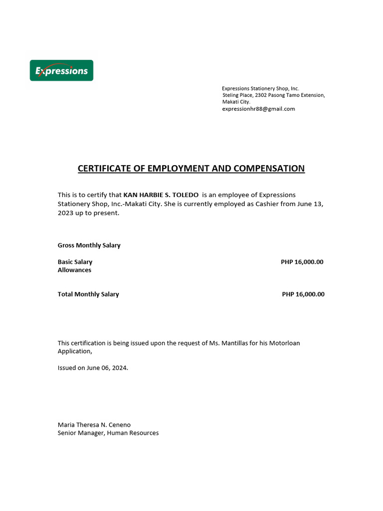 Certificate of Employment and Compensation | PDF