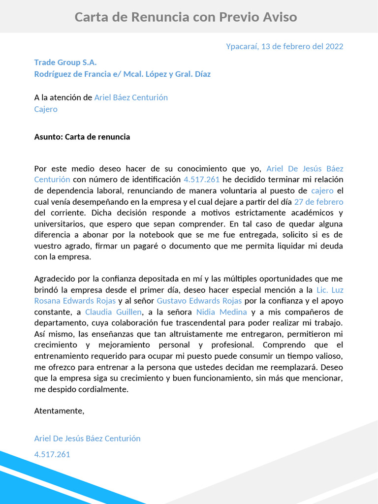 29 Modelo de Carta de Renuncia Con Preaviso | PDF