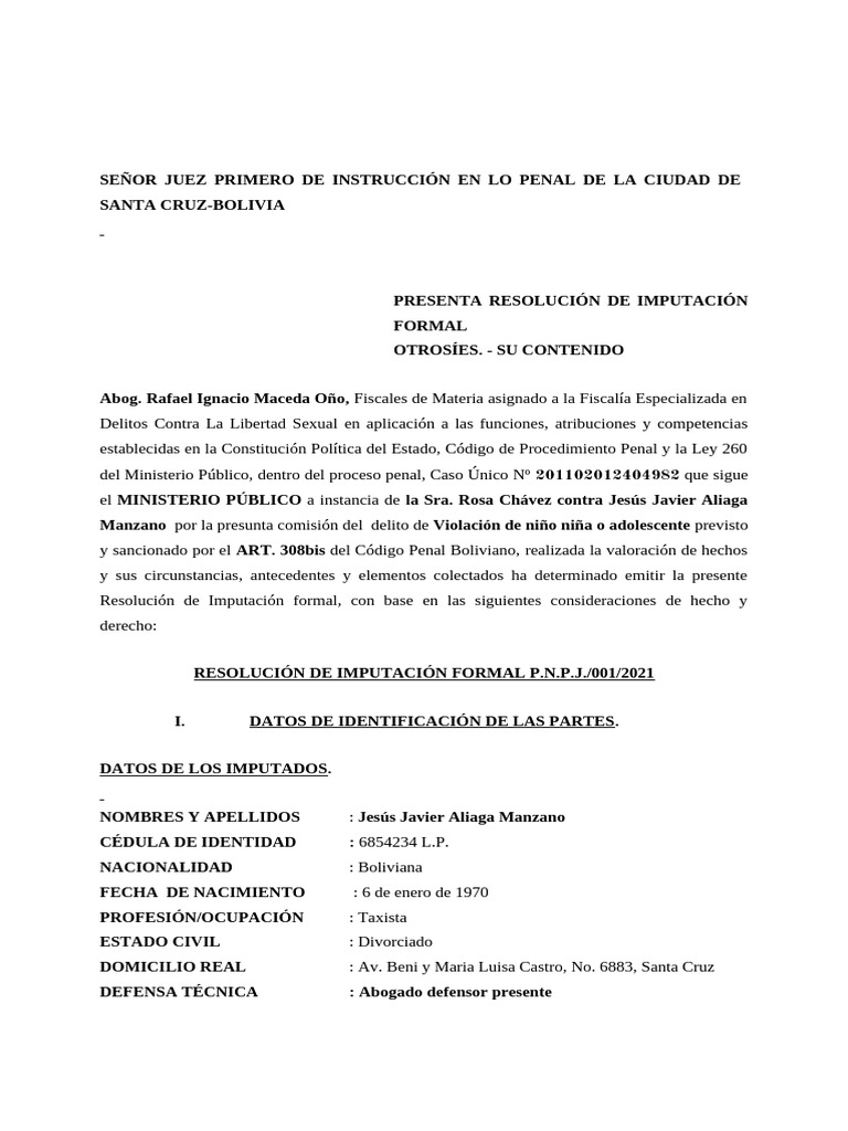 Fiscalia - Modelo Imputación Formal | PDF | Mandato | Derecho penal