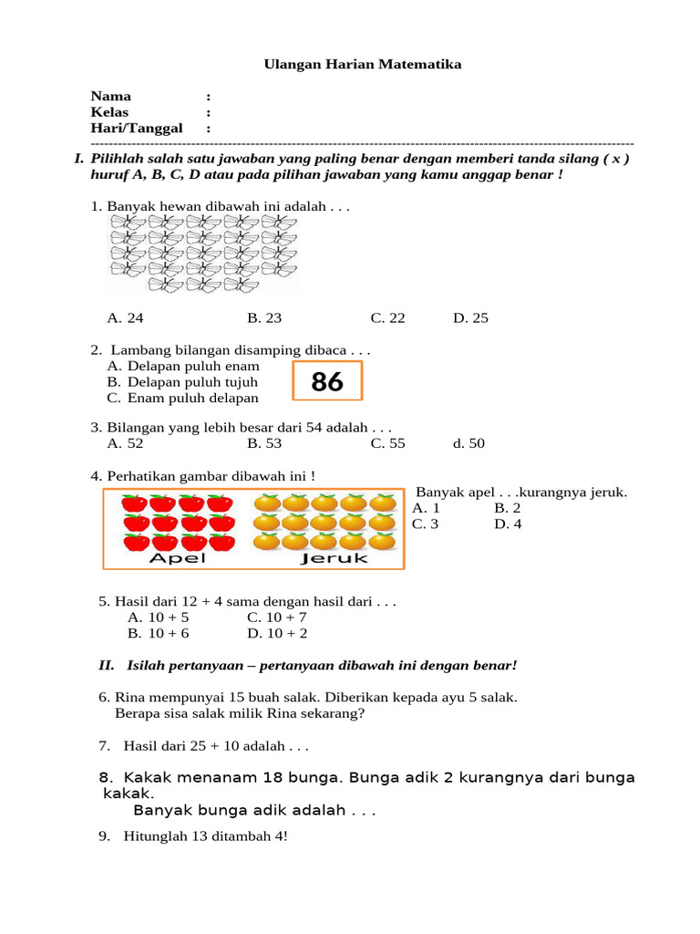Ulangan Harian Matematika - Kelas 1 Sem 1docx | PDF