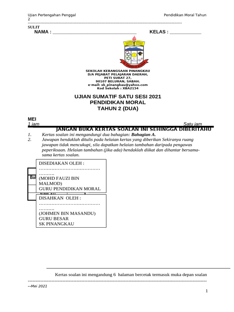 Peperiksaan Sumatif 2021 (2 Moral) | PDF
